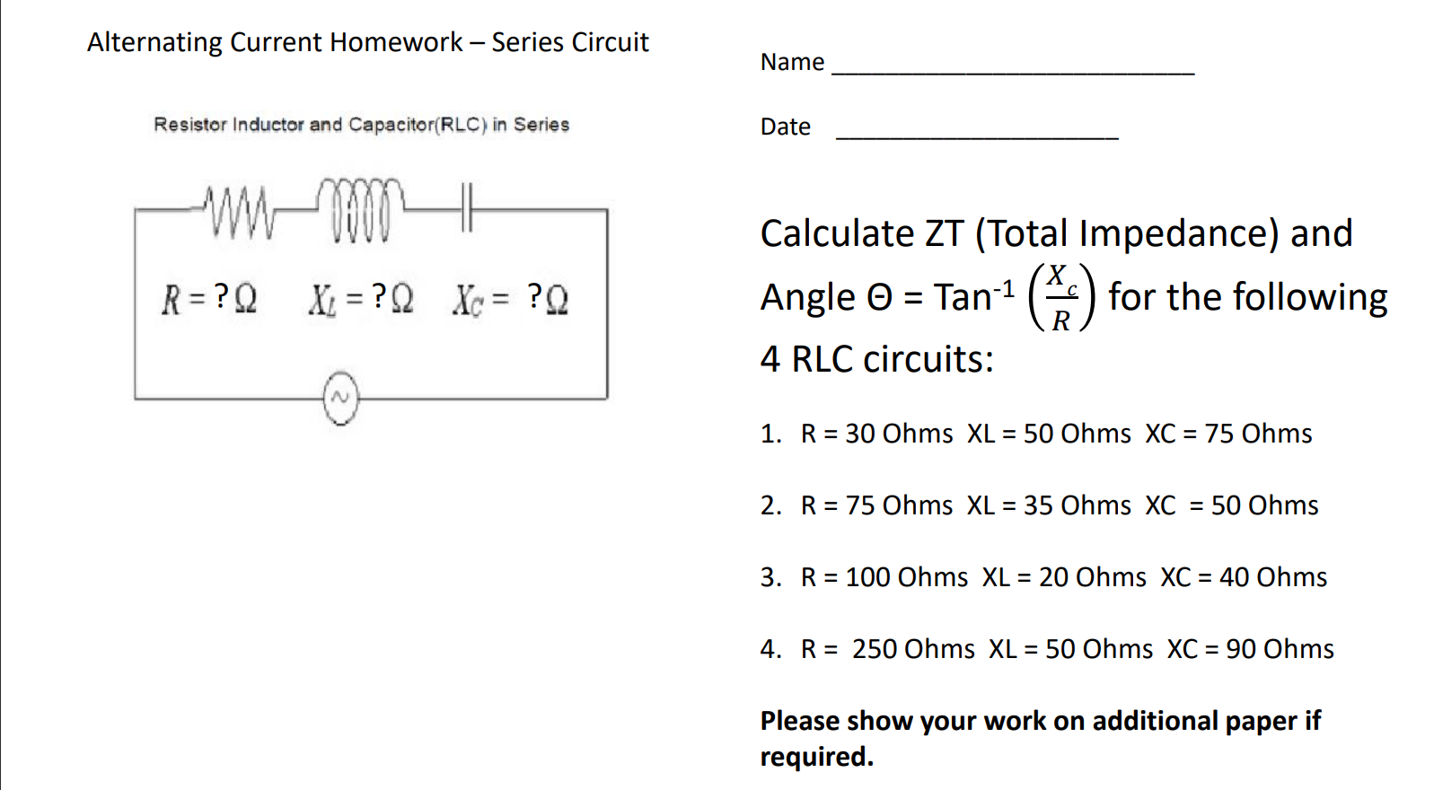 Alternating Current Homework - Series Circuit Name | Chegg.com