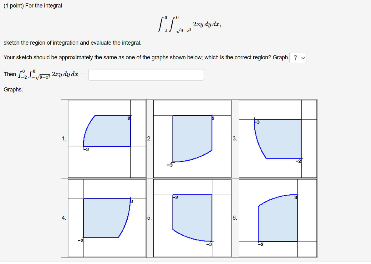 Solved (1 point) For the integral ∫−20∫−9−x202xydydx sketch | Chegg.com