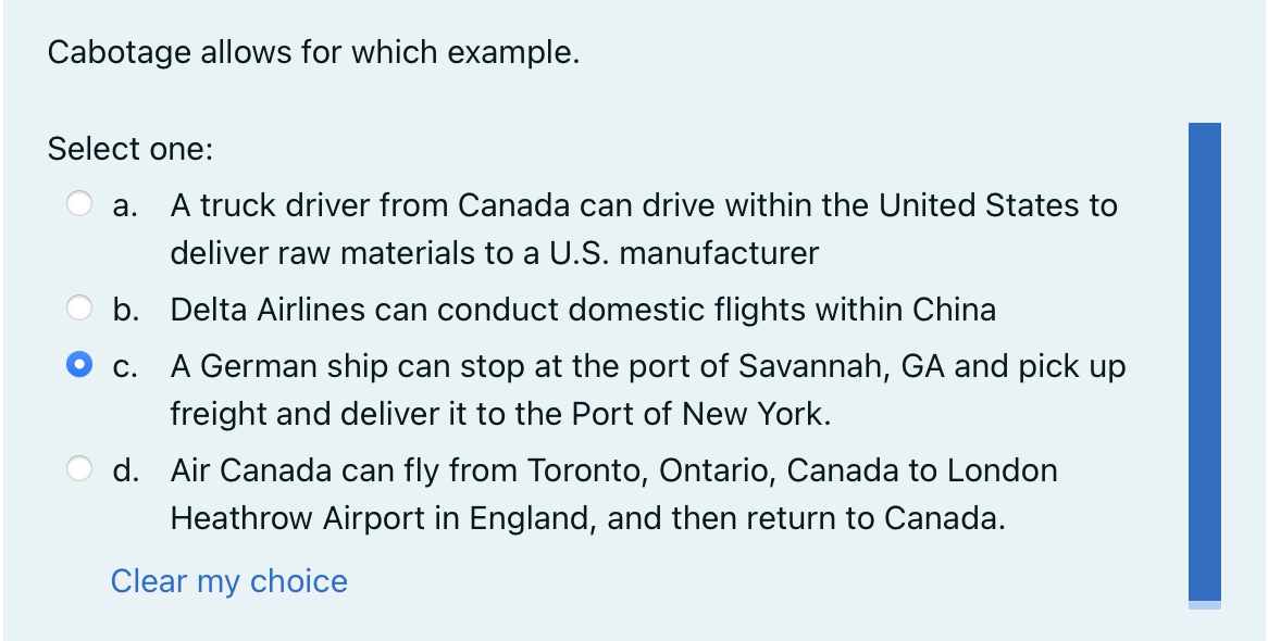Solved Cabotage allows for which example. Select one: a. A | Chegg.com