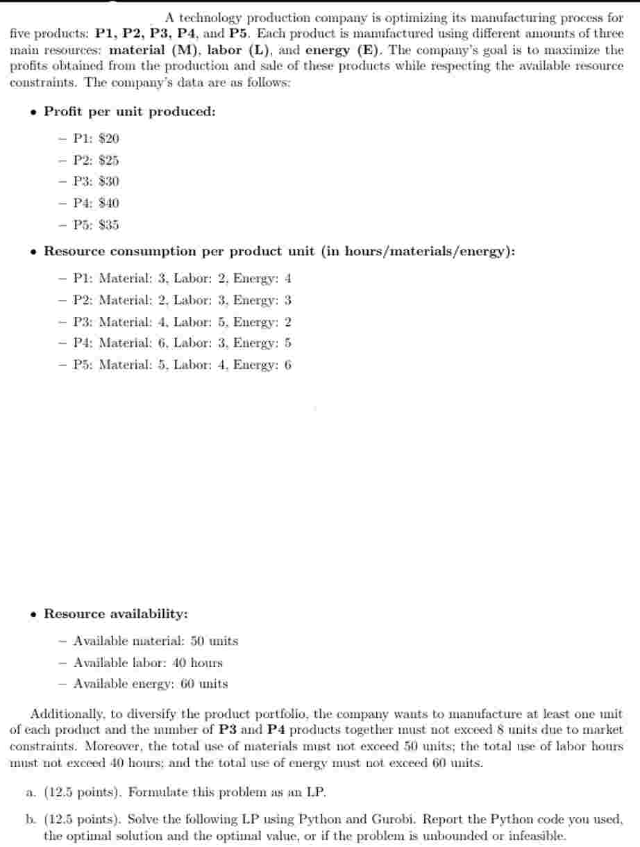 Solved A technology production company is optimizing its | Chegg.com