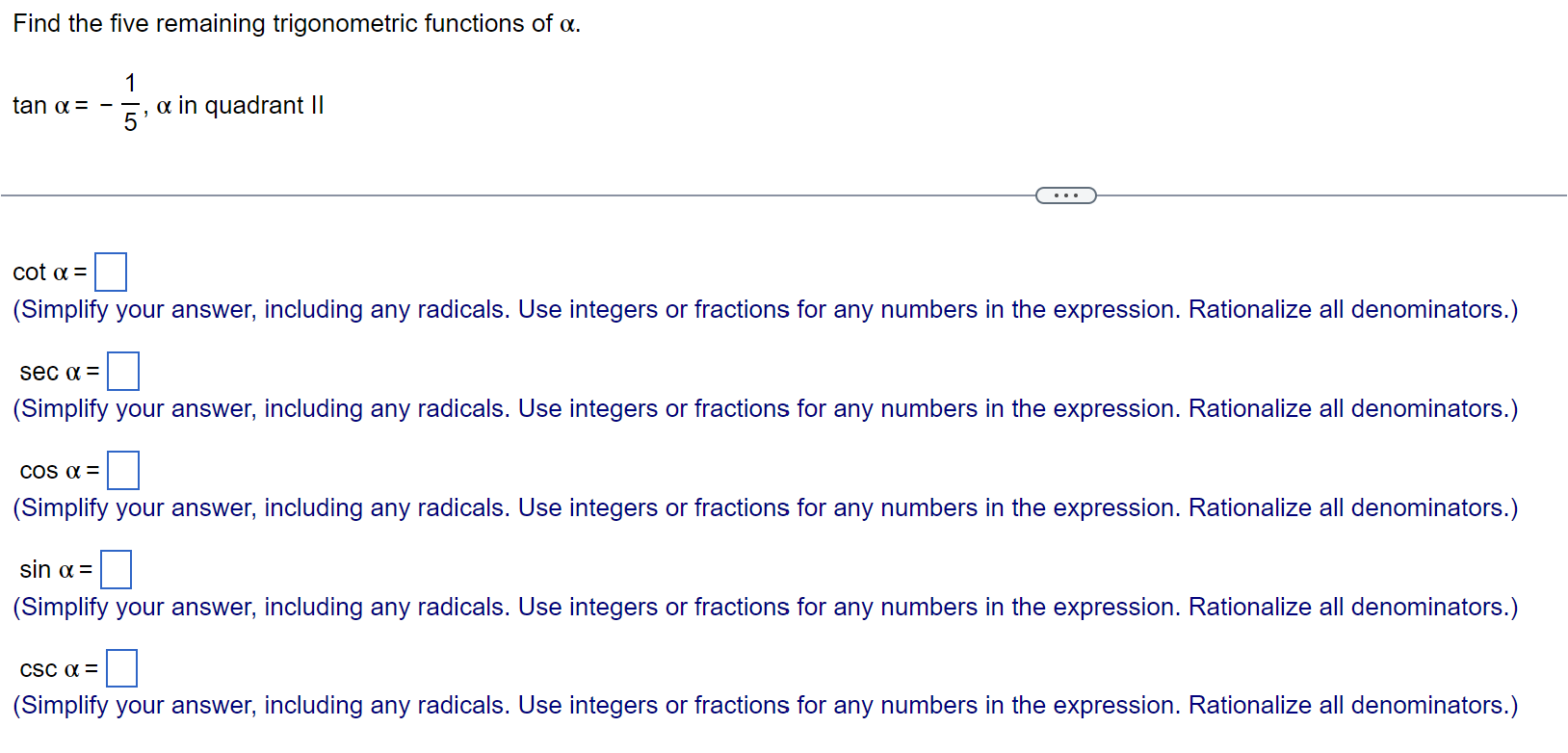 Solved Find the five remaining trigonometric functions of α. | Chegg.com