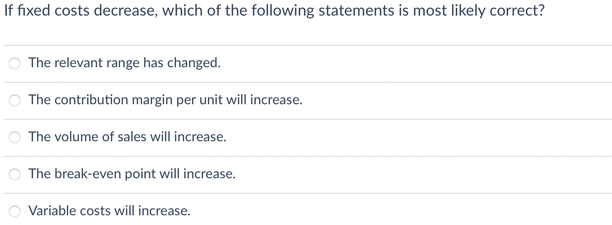 Solved If Fixed Costs Decrease Which Of The Following Chegg