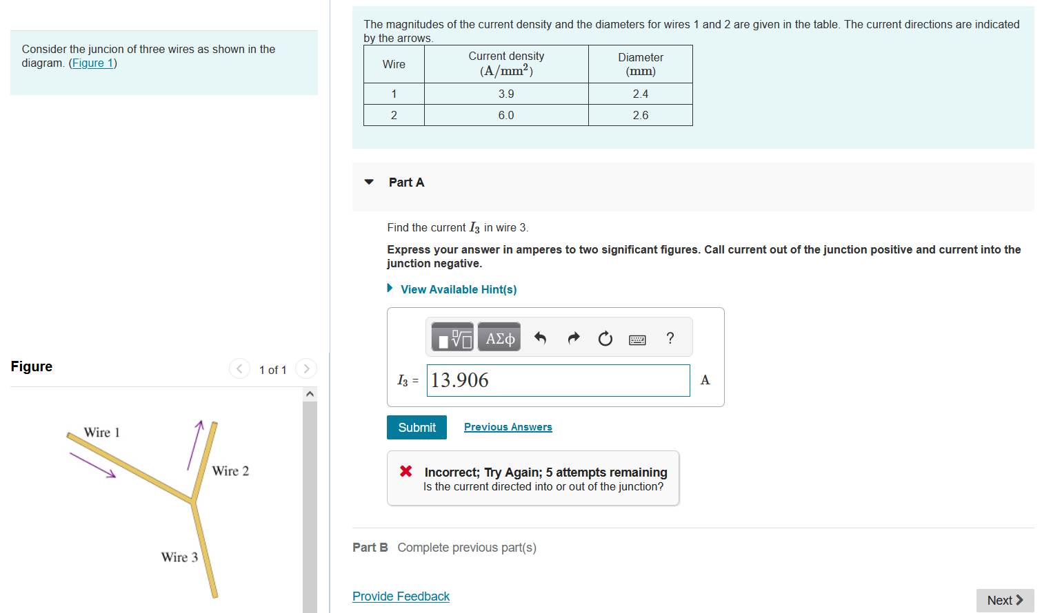 Solved Consider the juncion of three wires as shown in the | Chegg.com