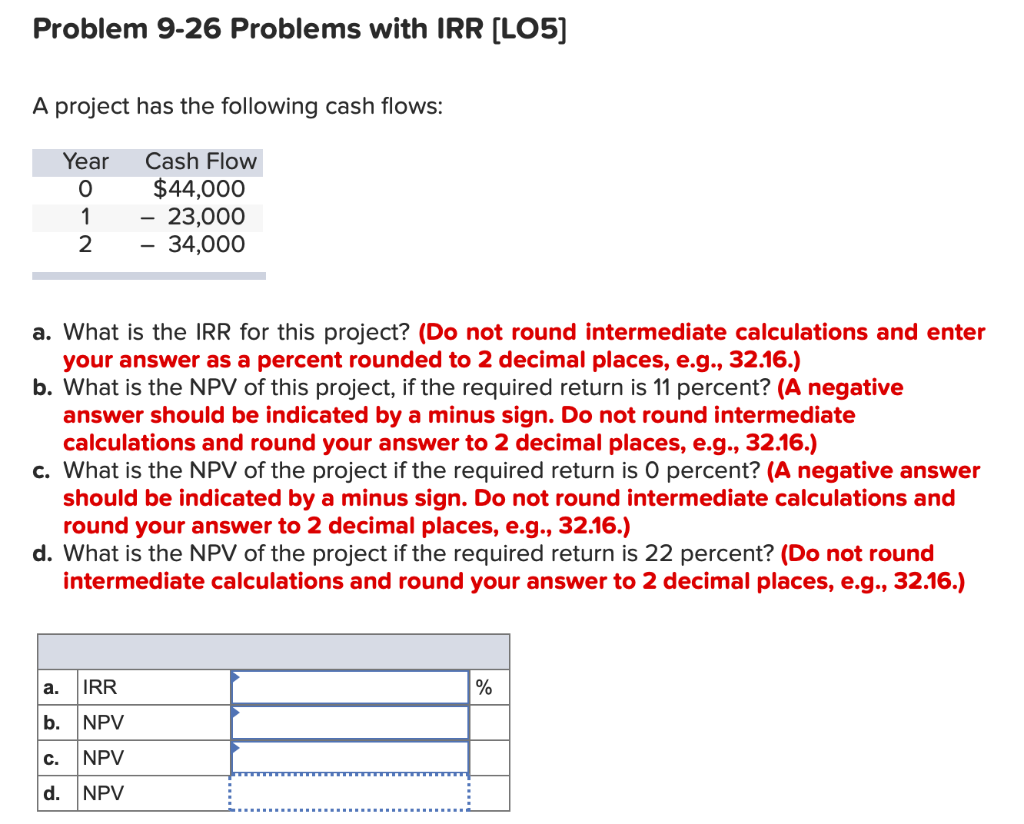 Solved Problem 9-26 Problems with IRR (LO5] A project has | Chegg.com
