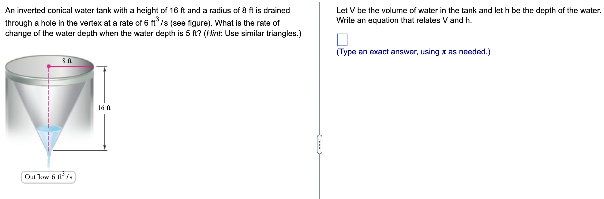 Solved An inverted conical water tank with a height of 16ft | Chegg.com