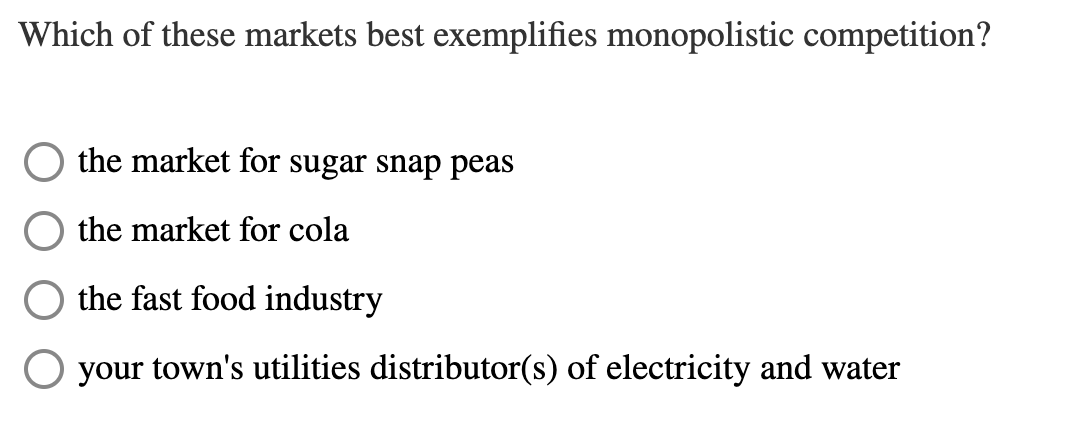 Solved Which of these markets best exemplifies monopolistic | Chegg.com