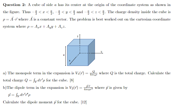 Solved Question 2: Λ cube of side a has its center at the | Chegg.com