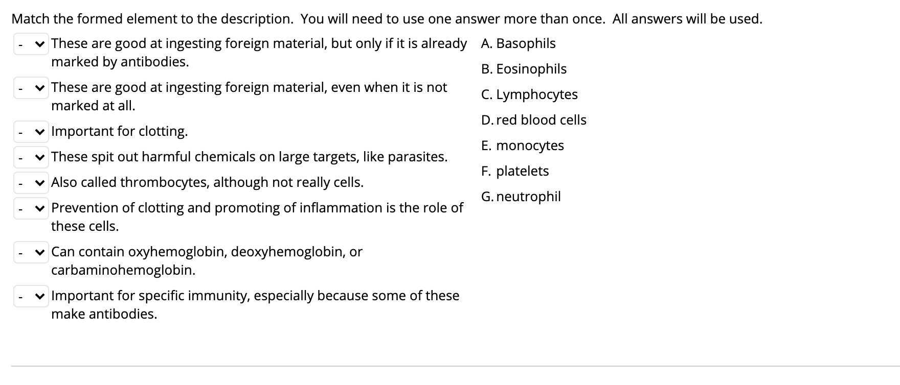 Solved Match the formed element to the description. You will | Chegg.com