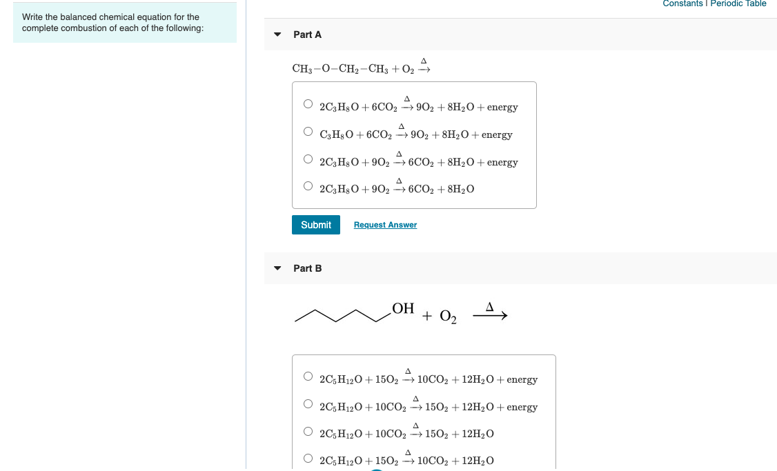 Solved Part OH + O2 O C;H100+ 02 - 5CO2 + 5H20 + energy O | Chegg.com