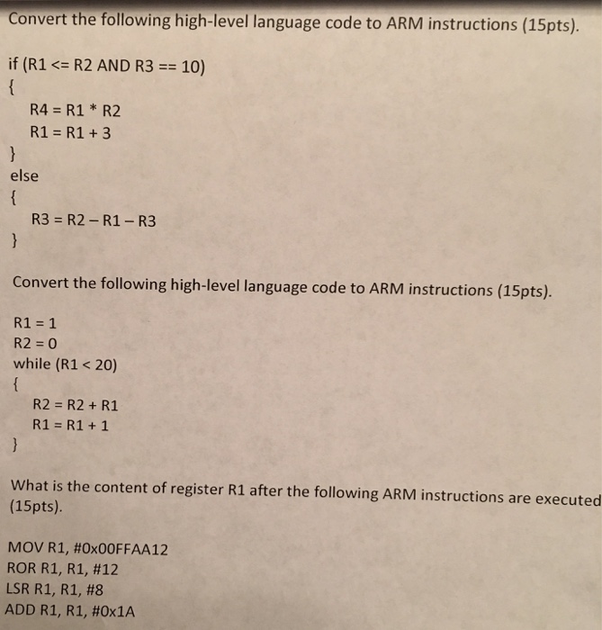 Solved Convert the following high-level language code to ARM | Chegg.com