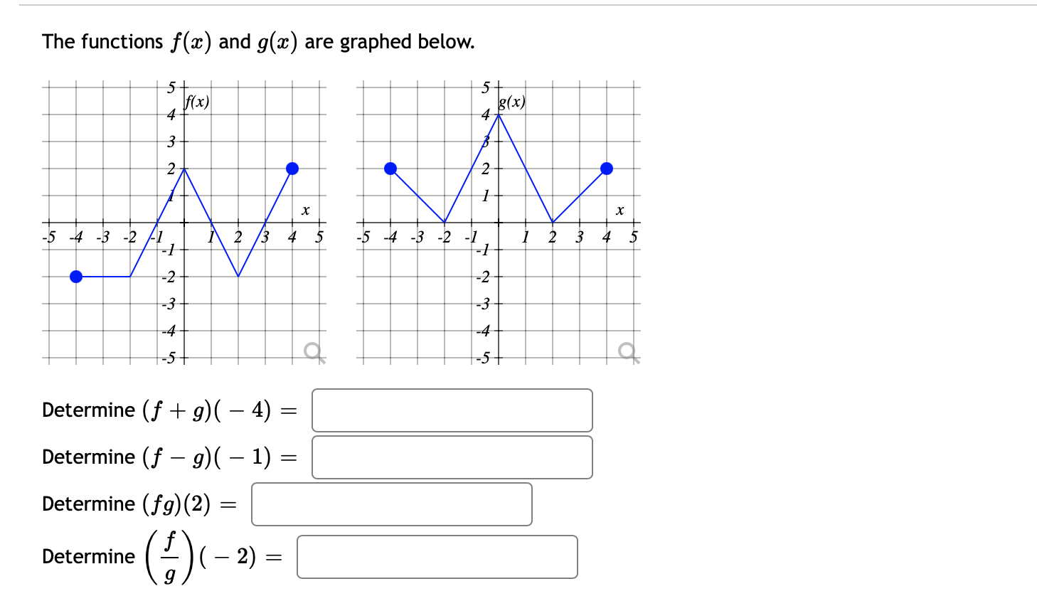 Solved The functions f(x) and g(x) are graphed below. 5 5+ | Chegg.com