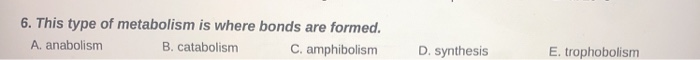 Solved 6. This type of metabolism is where bonds are formed. | Chegg.com