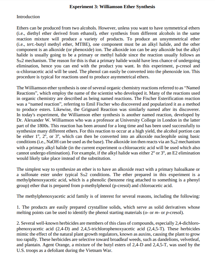 Experiment 3: Williamson Ether Synthesis Introduction | Chegg.com