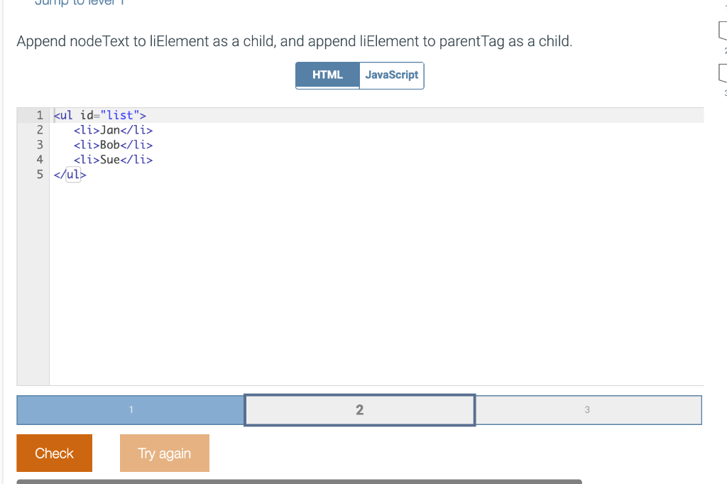 Solved Question: Append the nodeText to liElement as a | Chegg.com