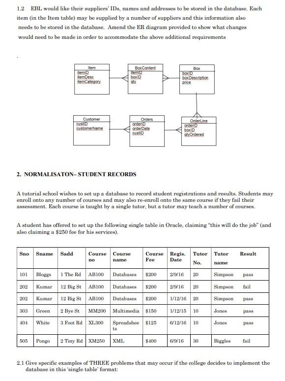 Solved 1.2 EBL would like their suppliers' IDs, names and | Chegg.com