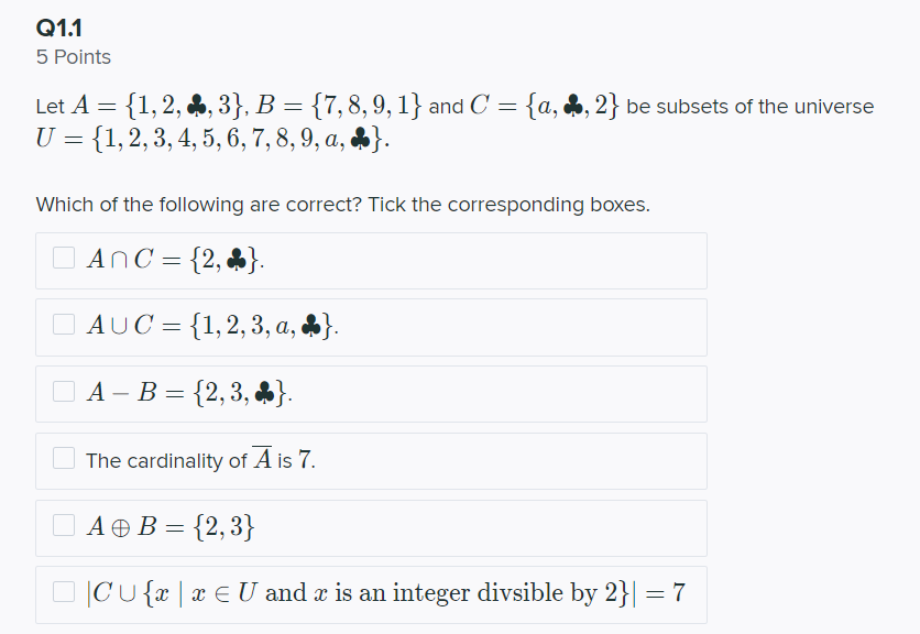 Solved 5 Points Let A={1,2,β,3},B={7,8,9,1} and C={a,c,2} be | Chegg.com
