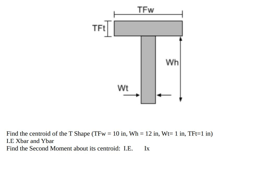 Solved TFW Wt Find the centroid of the T Shape (TFw = 10 in, | Chegg.com