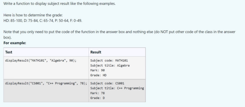 Solved Write a function to display subject result like the | Chegg.com
