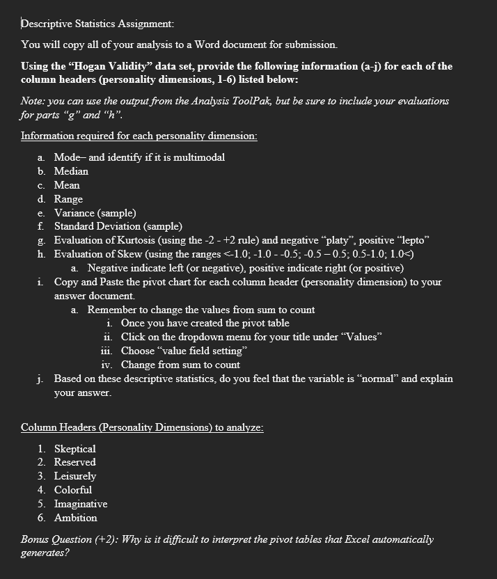 Descriptive Statistics Assignment: You will copy all | Chegg.com