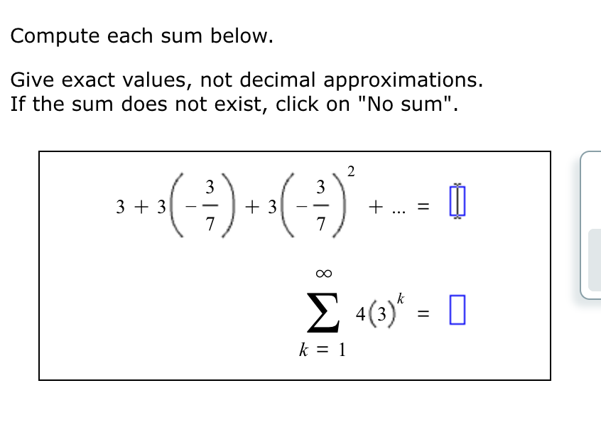 Solved Compute each sum below.Give exact values, not decimal | Chegg.com