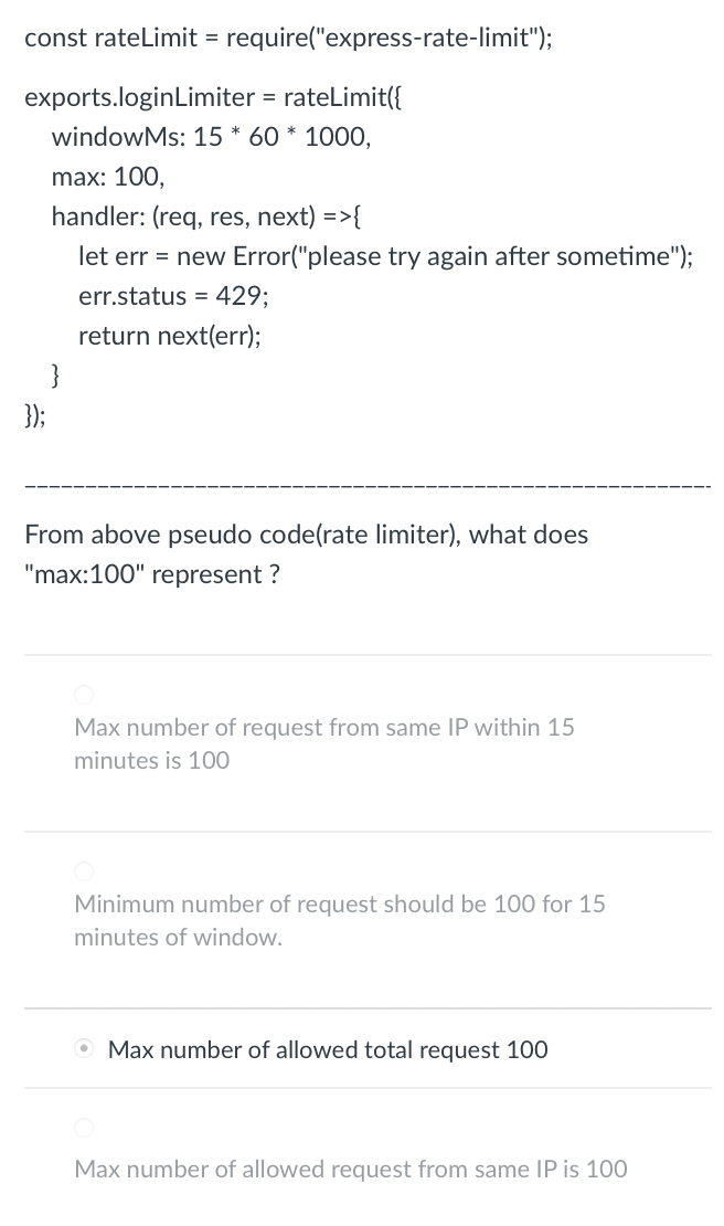 Solved const rateLimit= require("express-rate-limit"); | Chegg.com
