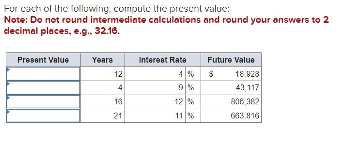 Solved For each of the following, compute the present value: | Chegg.com