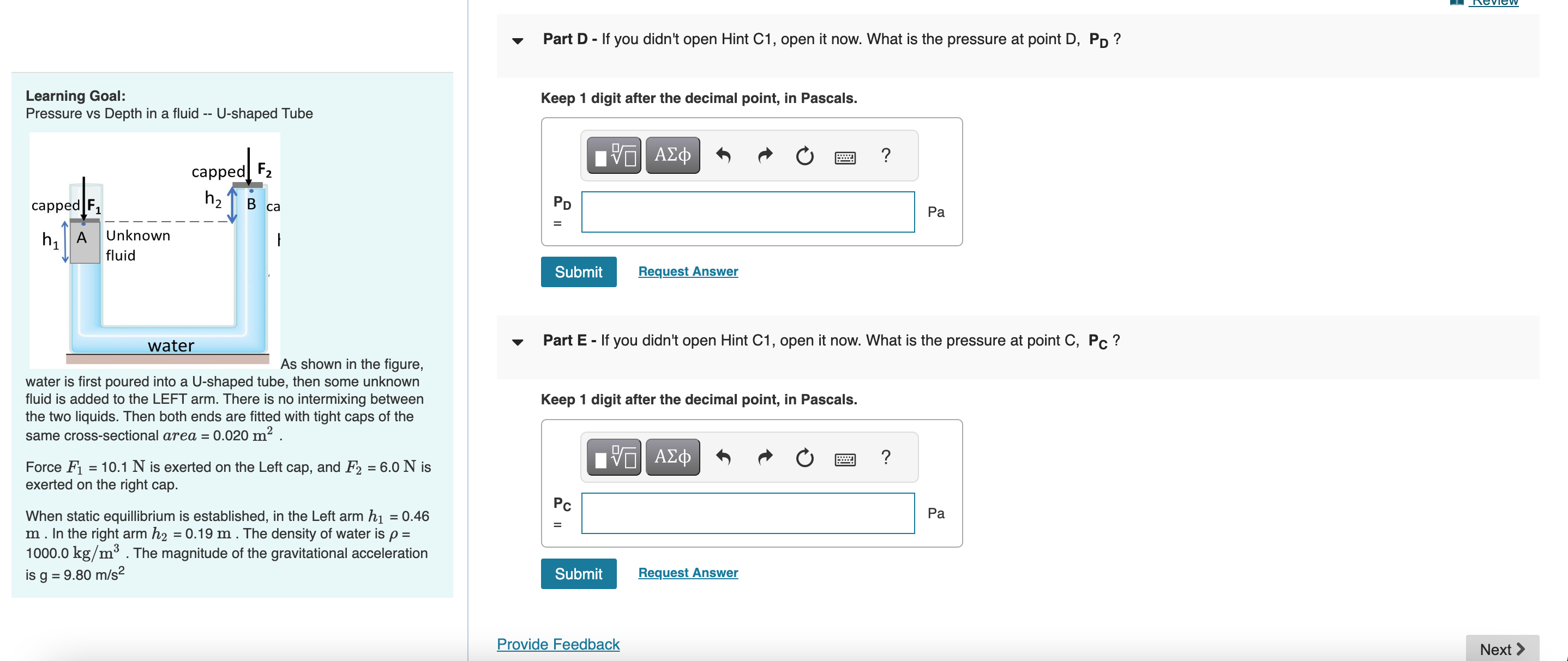 Learning Goal: Pressure vs Depth in a fluid -- | Chegg.com