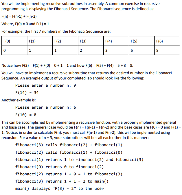 Solved You will be implementing recursive subroutines in | Chegg.com