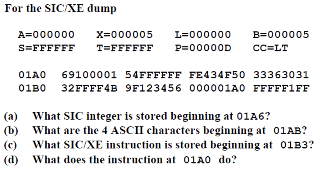 Solved For the SIC/XE dump A=000000 S=FFFFFF 01A0 01B0 | Chegg.com