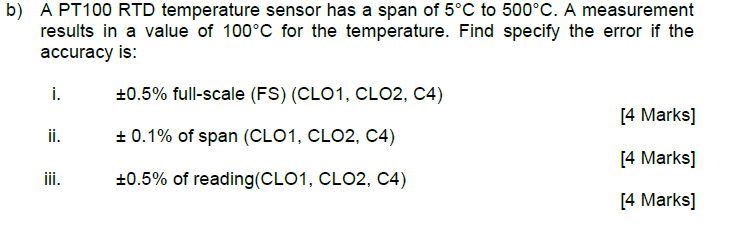 Solved A PT100 RTD temperature sensor has a span of 5∘C to | Chegg.com