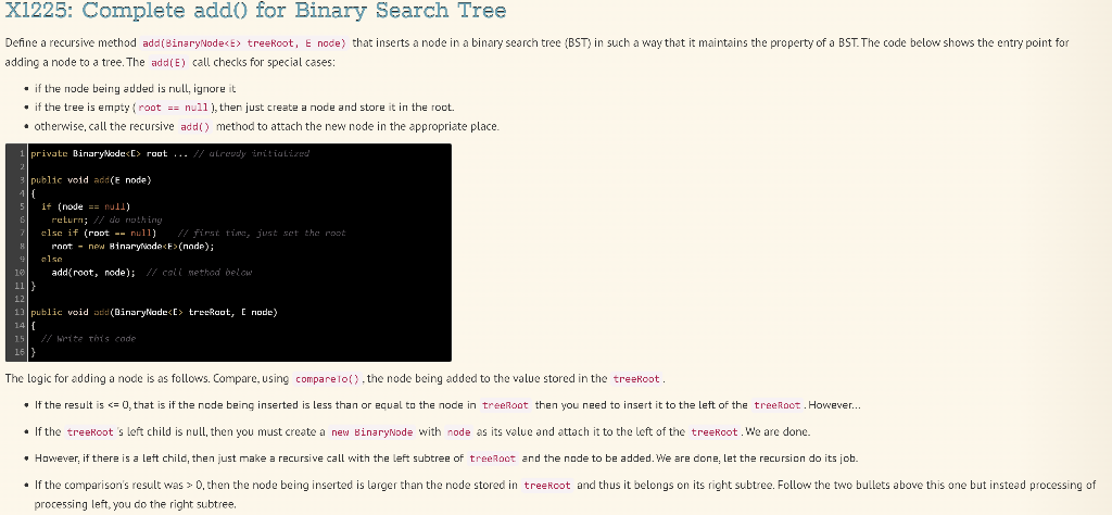 Solved X1225: Complete addo for Binary Search Tree adding a | Chegg.com