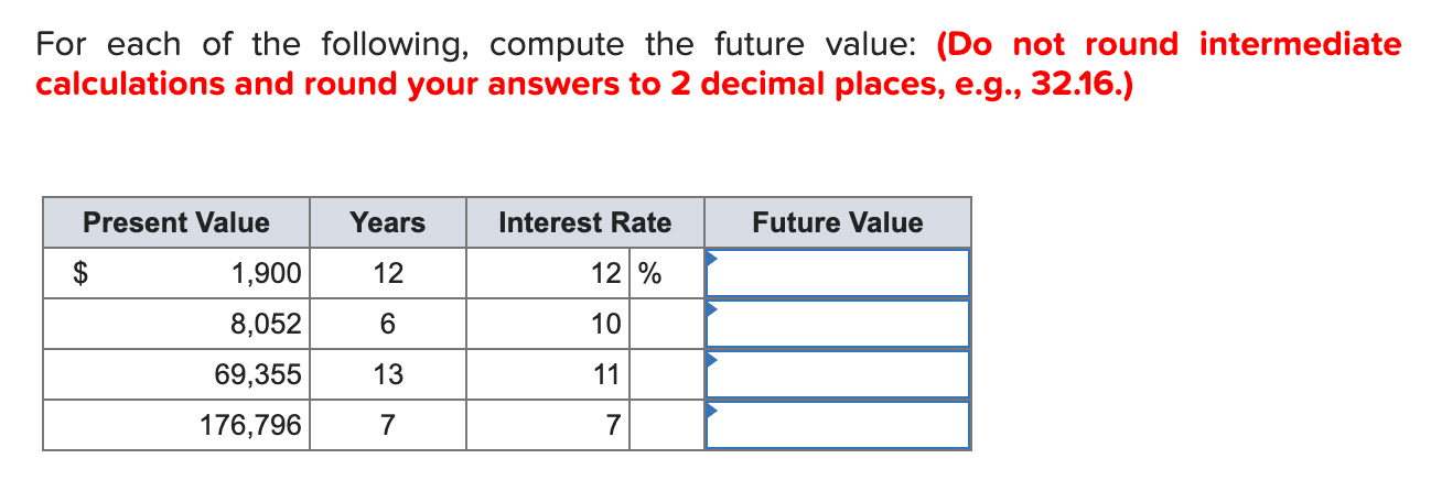 Solved For each of the following, compute the future value: | Chegg.com