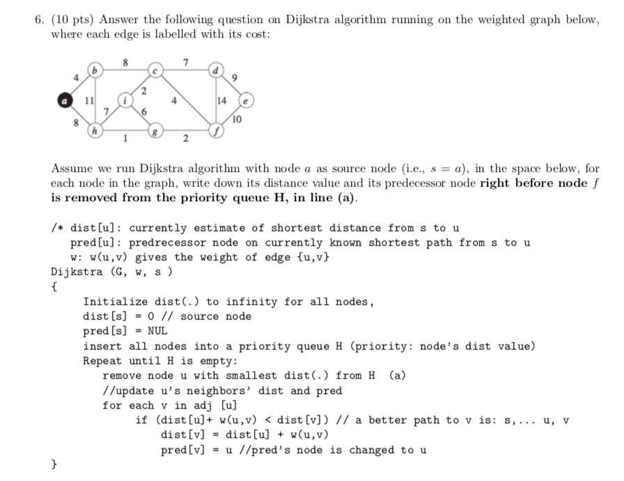 Solved 6. (10 pts) Answer the following question on Dijkstra | Chegg.com