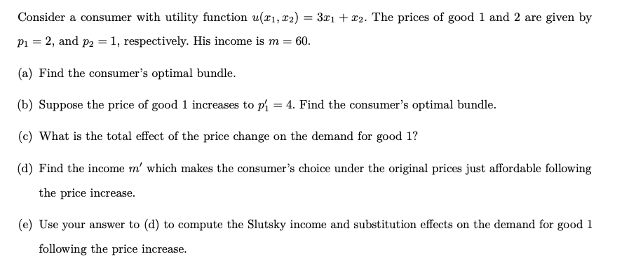 Solved Consider a consumer with utility function u(21, 22) = | Chegg.com
