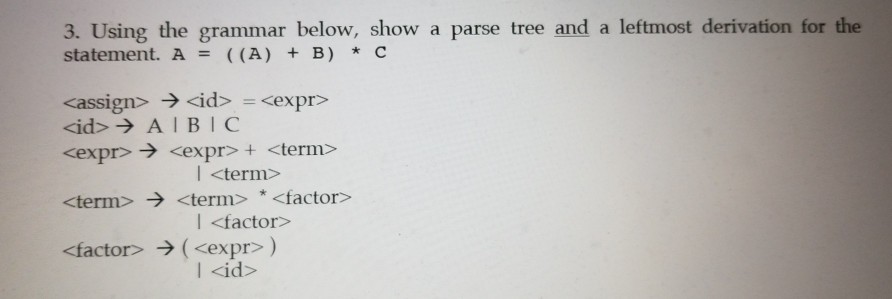 Solved 3. Using the grammar below, show a parse tree and a | Chegg.com