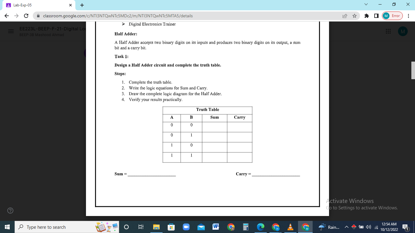 Solved Half Adder: A Half Adder accepts two binary digits on | Chegg.com
