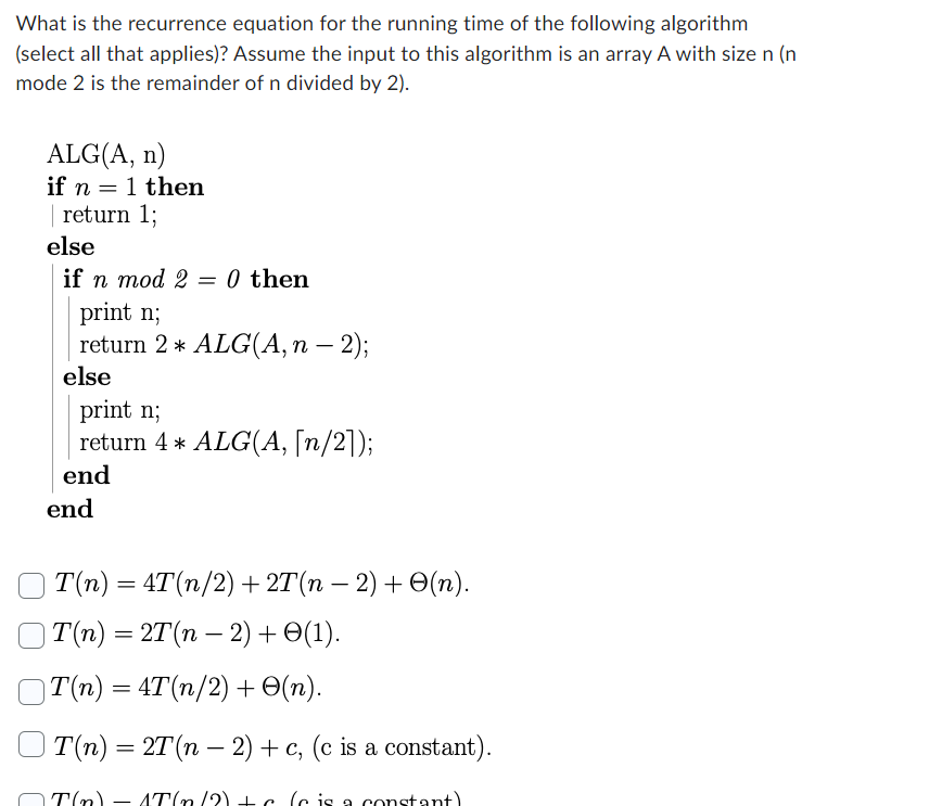 Solved What is the recurrence equation for the running time | Chegg.com