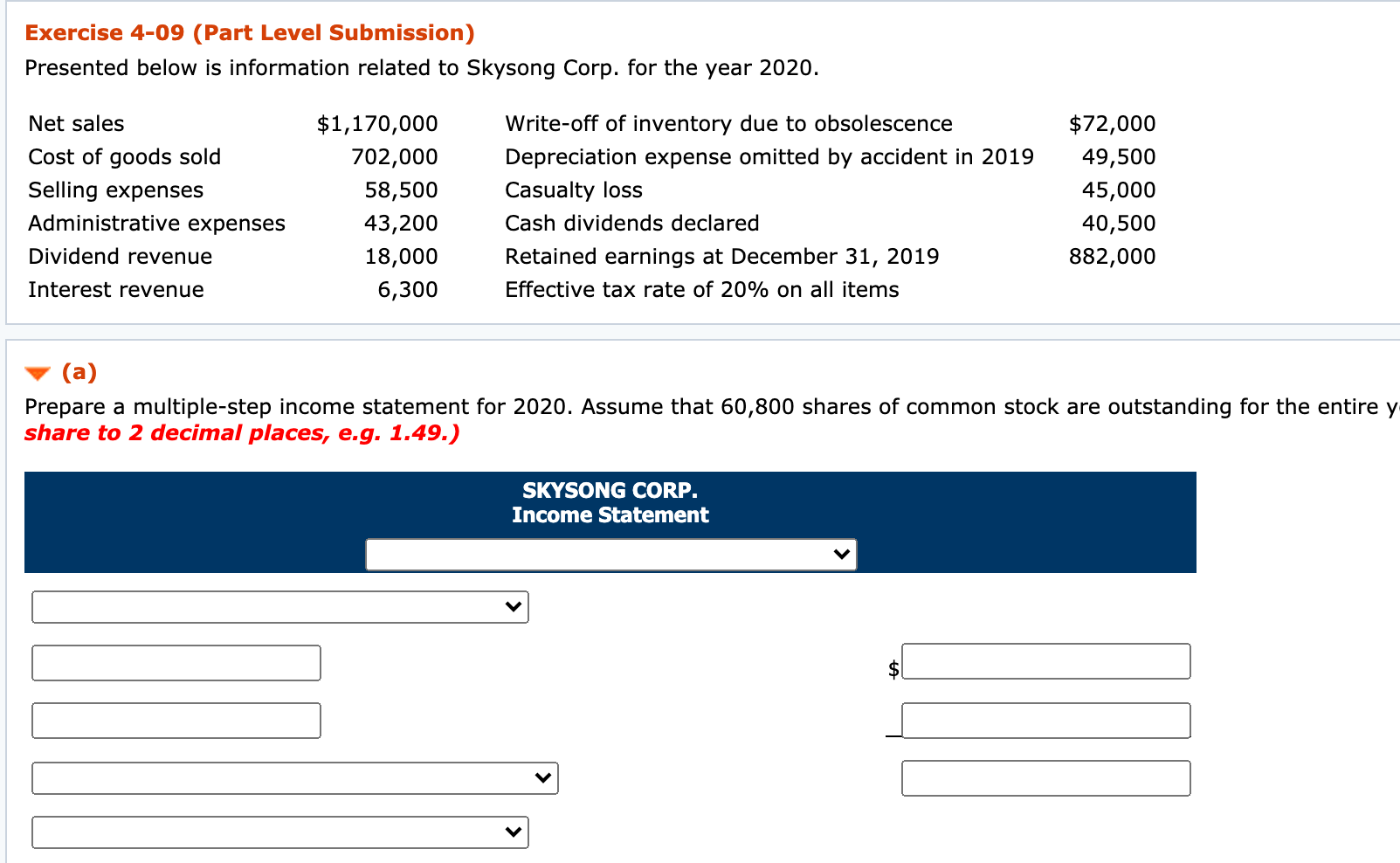 Solved Exercise 4-09 (Part Level Submission) Presented below | Chegg.com