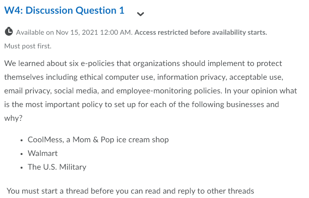 We learned about six e-policies that organizations | Chegg.com