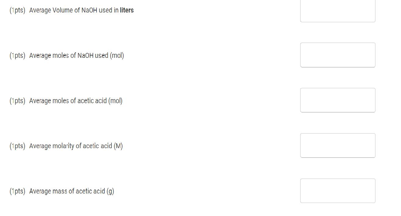Solved (1pts) Average Volume of NaOH used in liters (1pts) | Chegg.com