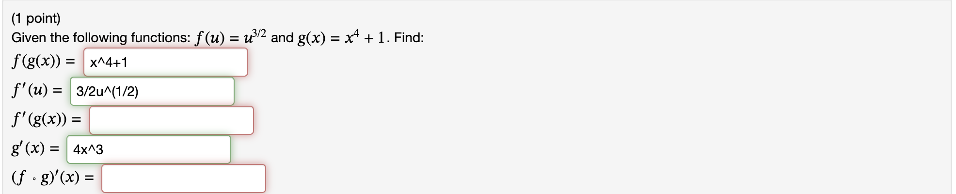 Solved (1 point) Given the following functions: f(u)=u3/2 | Chegg.com