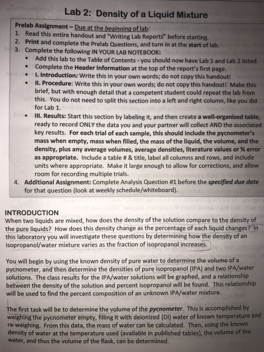 Lab 2: Density of a Liquid Mixture Prelab Assignment | Chegg.com