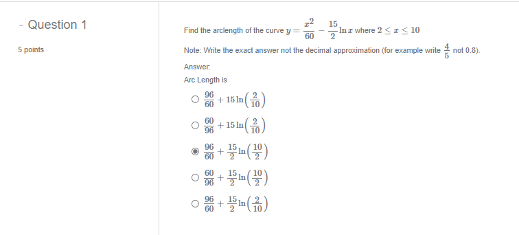 Solved Question 1 5 points 22 15 Find the arclength of the | Chegg.com