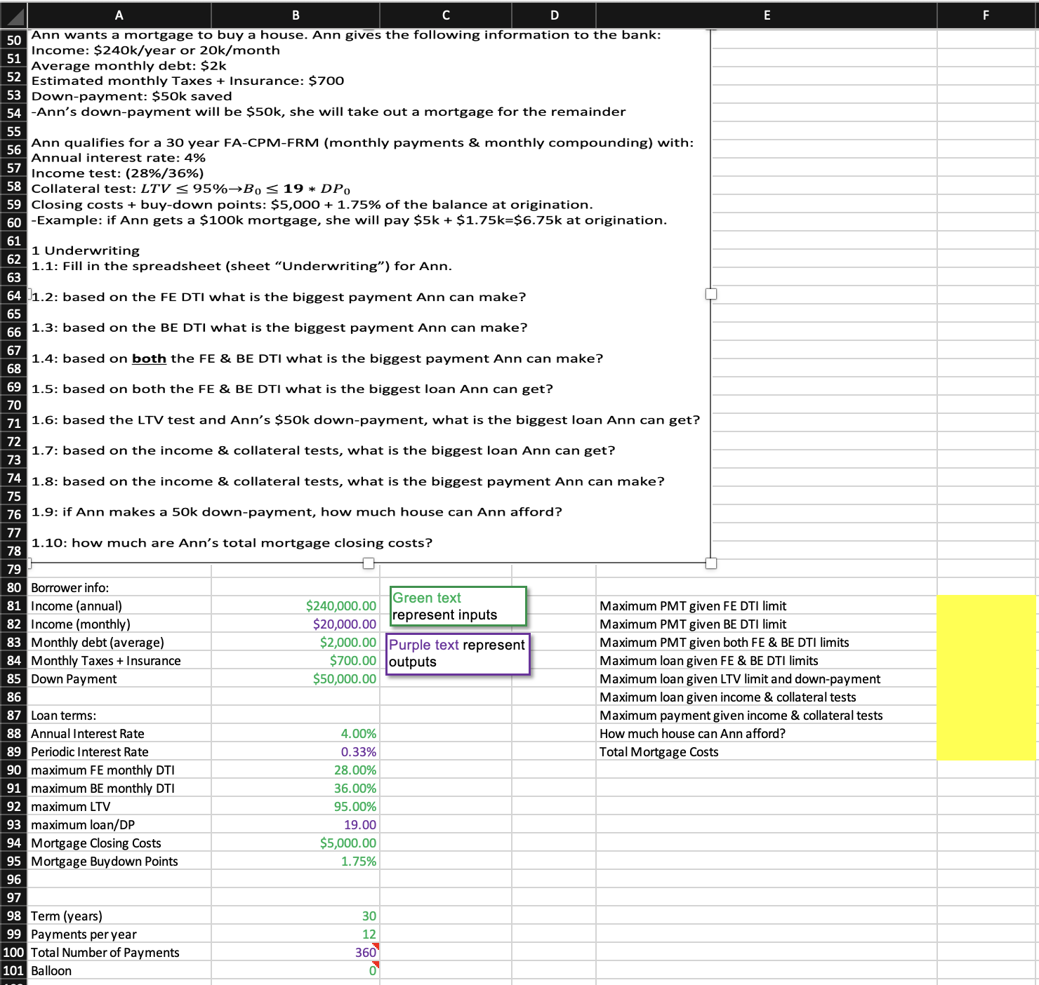 Solved PLEASE JUST USE EXCEL FORMULAS TO FILL IN THE YELLOW | Chegg.com
