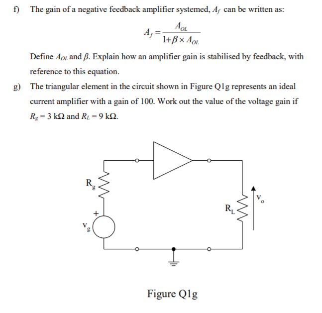 Solved f) The gain of a negative feedback amplifier | Chegg.com