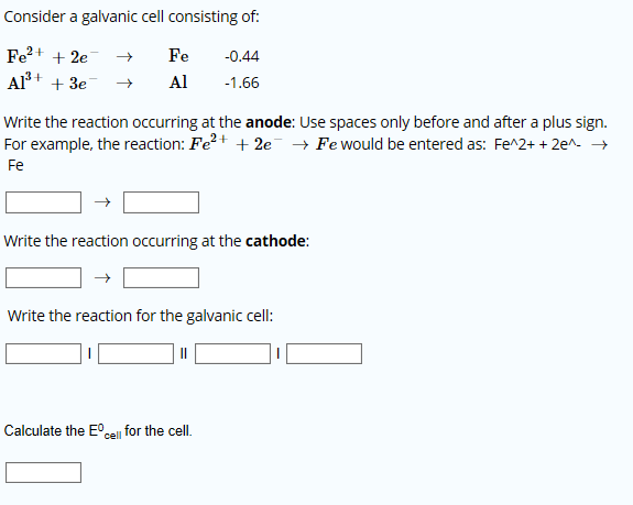 Solved Consider a galvanic cell consisting of Fe2+ 2eFe 0.44 | Chegg.com