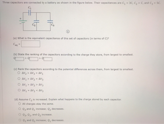 Solved Three capacitors are connected to a battery as shown | Chegg.com