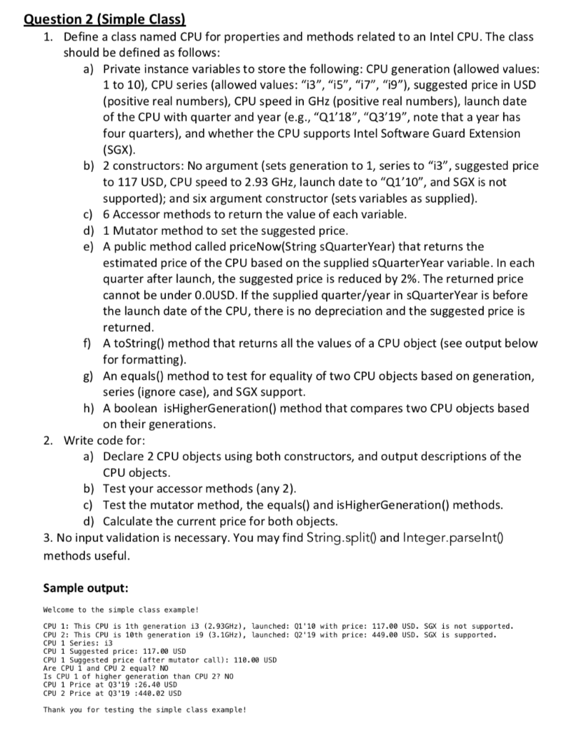 Solved Question 2 (Simple Class) 1. Define a class named CPU | Chegg.com