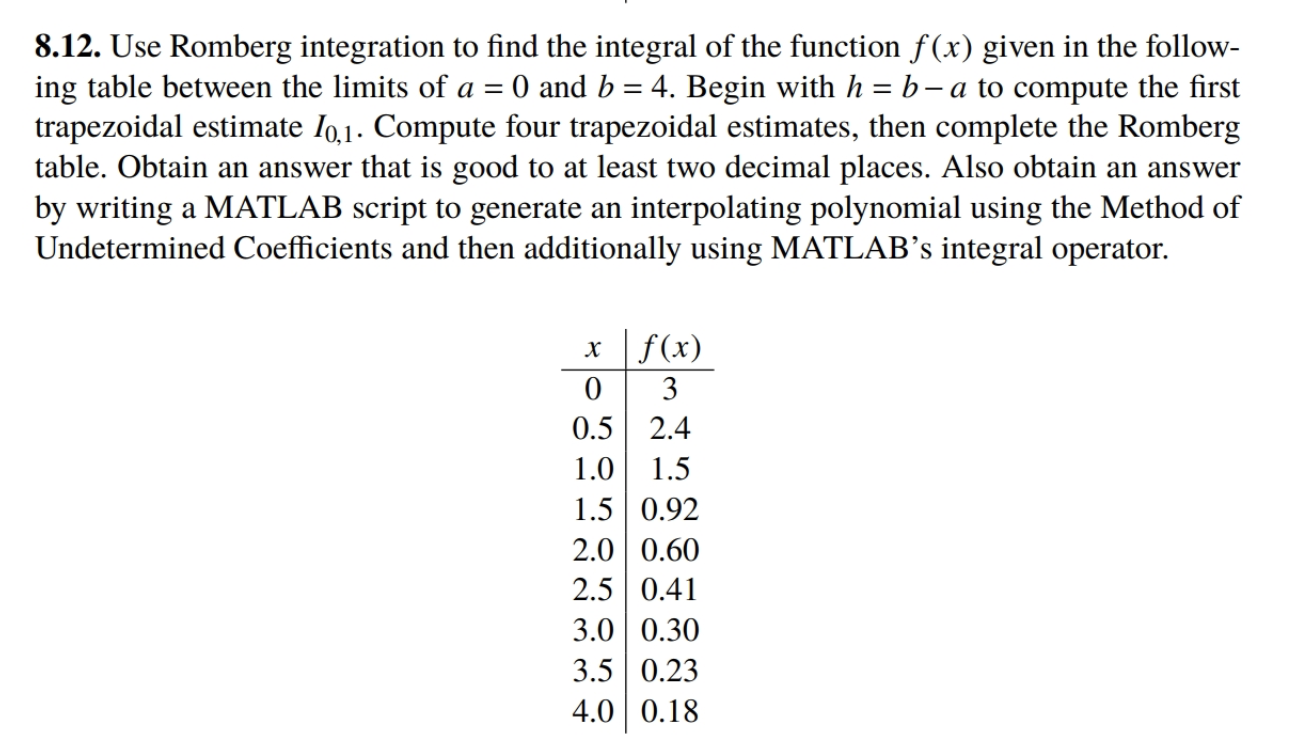 Solved 8.12. Use Romberg integration to find the integral of | Chegg.com