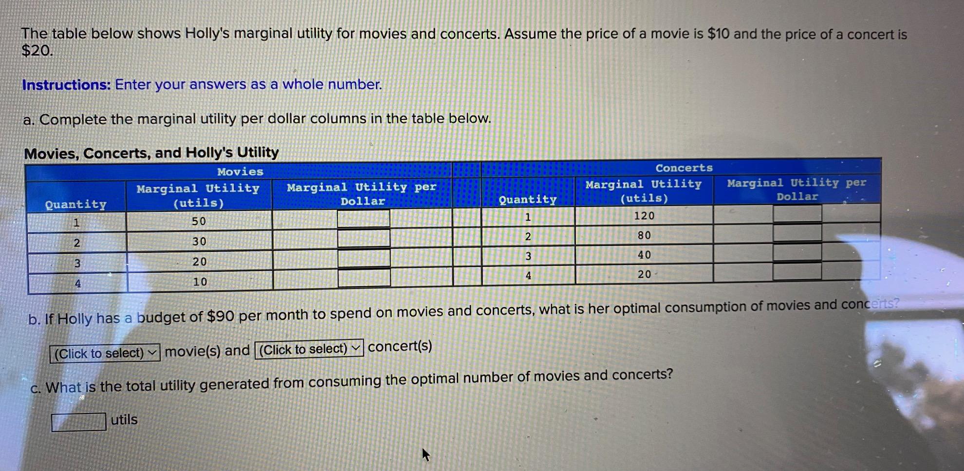 Solved The table below shows Holly's marginal utility for | Chegg.com